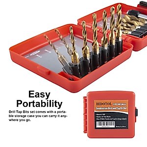 HIDOTOL Titanium Combination Drill and Tap Bits Set with Quick Change Adapter, 13 PC SAE/Metric Screw Taps, 3-in-1 Bit Tool for Drilling, Tapping and Countersinking