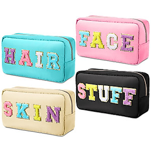 Remerry 4 Pcs Makeup Bag Travel Cosmetic Bag Organization Chenille Letter Toiletries Stuff Pouch Preppy Waterproof Bag Gift for Women Girl Teen(Classic, Nylon)