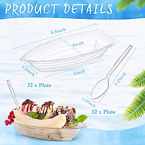 32 Pcs 8 Oz Disposable Banana Split Boats with Spoons, Clear Plastic Ice Cream Sundae Bowls Banana Split Ice Cream Dishes Dessert Bowls Splits Bowl Tray for Kids Birthday Party Graduation