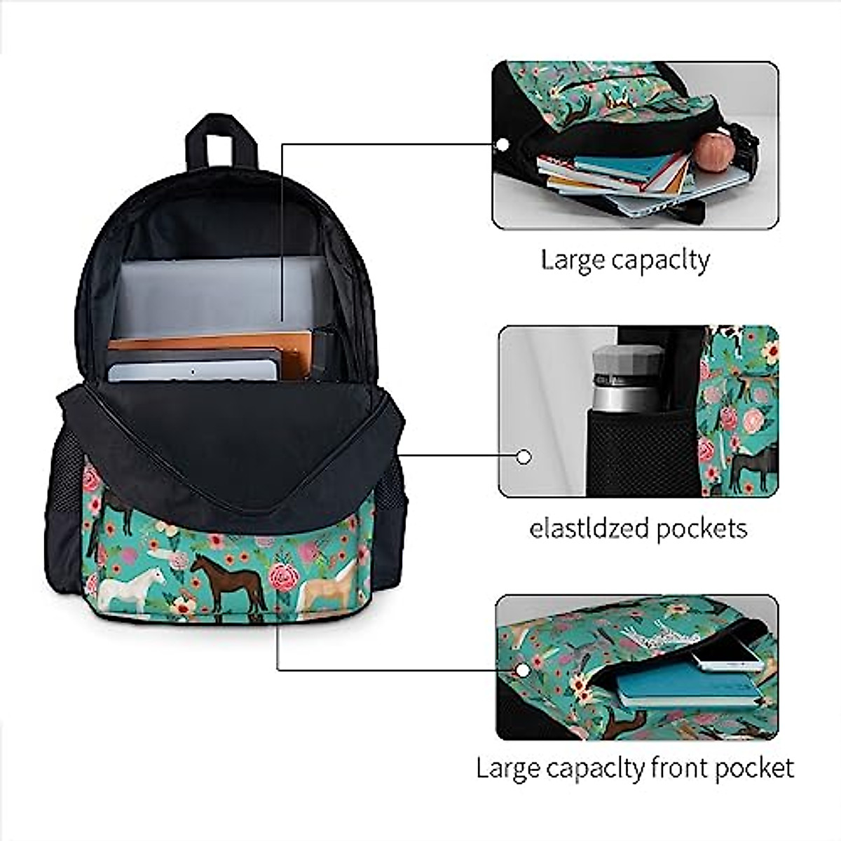 JASMODER Horse Floral Laptop Backpack Hiking Travel Daypack For Men Women And Youth