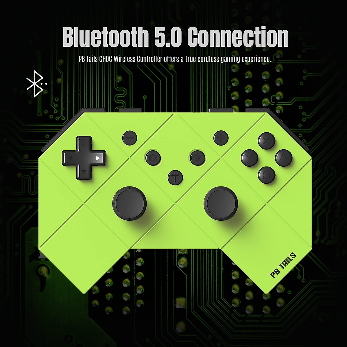 PB TAILS CHOC Unique Bluetooth Controller for Switch, PC, Steam, Android - Portable Switch Wireless Controller with Turbo-Mode, Motion Control, Vibration, Wake Up Function & Carry Case - Neon Green