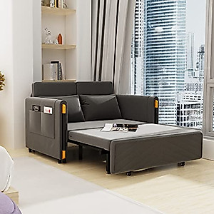 3 in 1 Convertible Sofa Bed, 54" Pull Out Couch 2 Seat Loveseat Sofa Modern Sleeper Sofa Velvet Upholstered Fabric Sofa with 2 Pillows and Storage Armrest for Living Room - Grey
