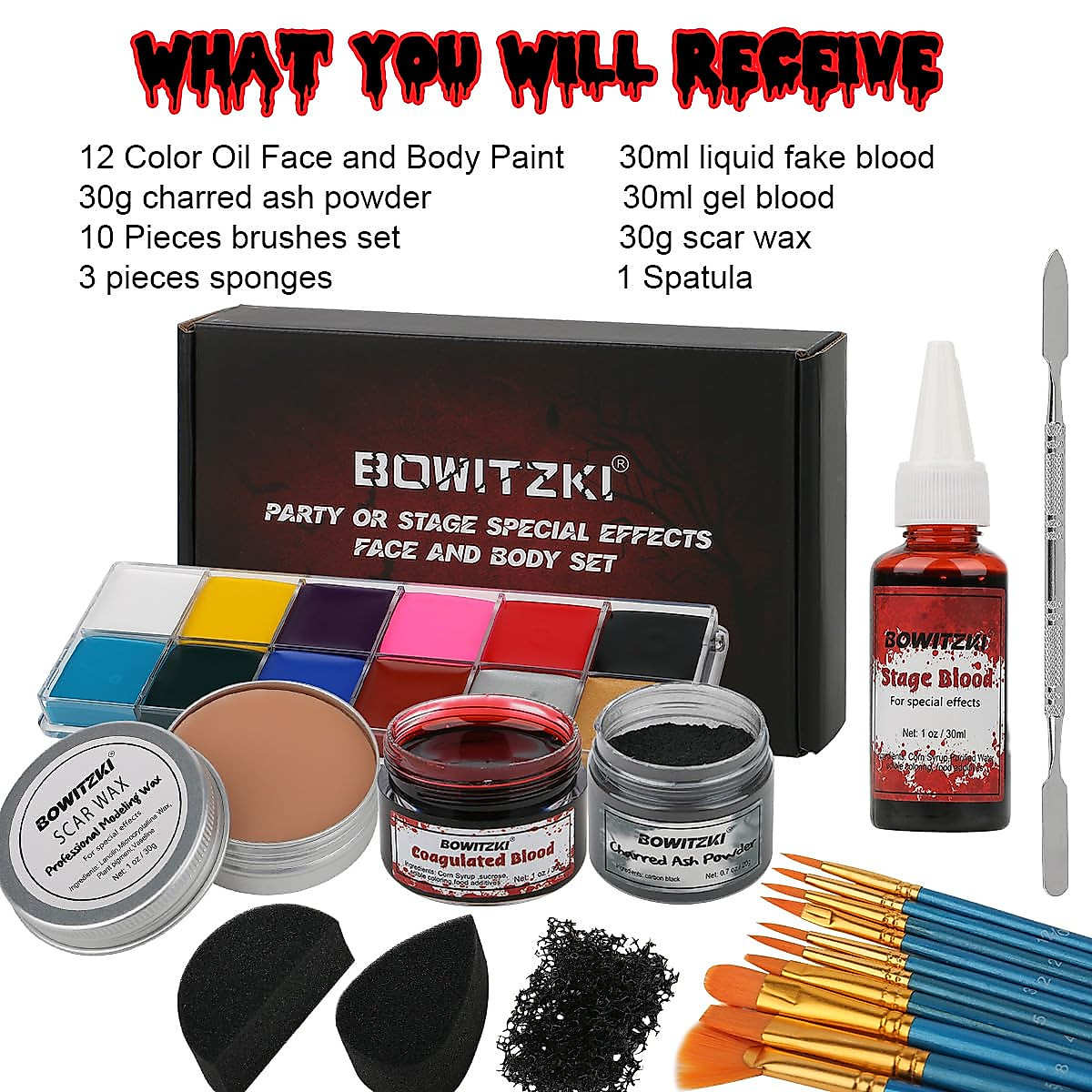 Bowitzki Halloween Makeup Special Effects Oil Face Body Paint Fake Blood Scar Wax Charred Ash Powder with Sponges Brush Halloween Party SFX Cosplay