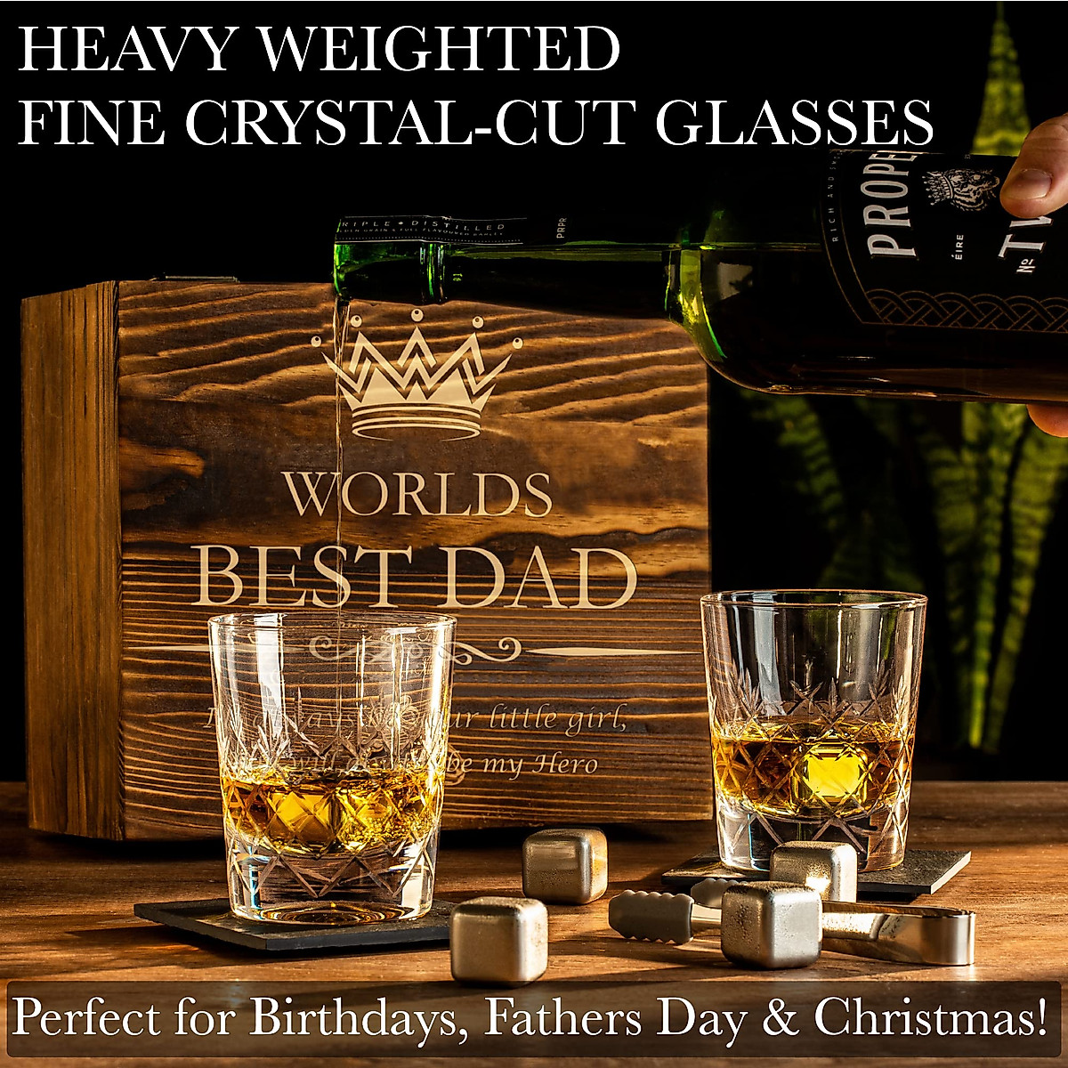FJ FREDERICK JAMES Gifts for Dad from Daughter - Engraved 'Worlds Best Dad. You'll Always be my Hero' Whiskey Glass Set I Dad Birthday Gift I Dad Gifts from Daughter