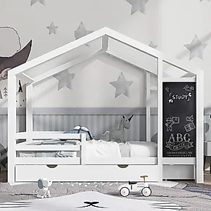 DNYN Twin Size House Bed with Storage Drawers for Kid Bedroom,Solid Wood Platfrom Bedframe w/Blackboard Design,Super Save Space & No Box Spring Needed, White