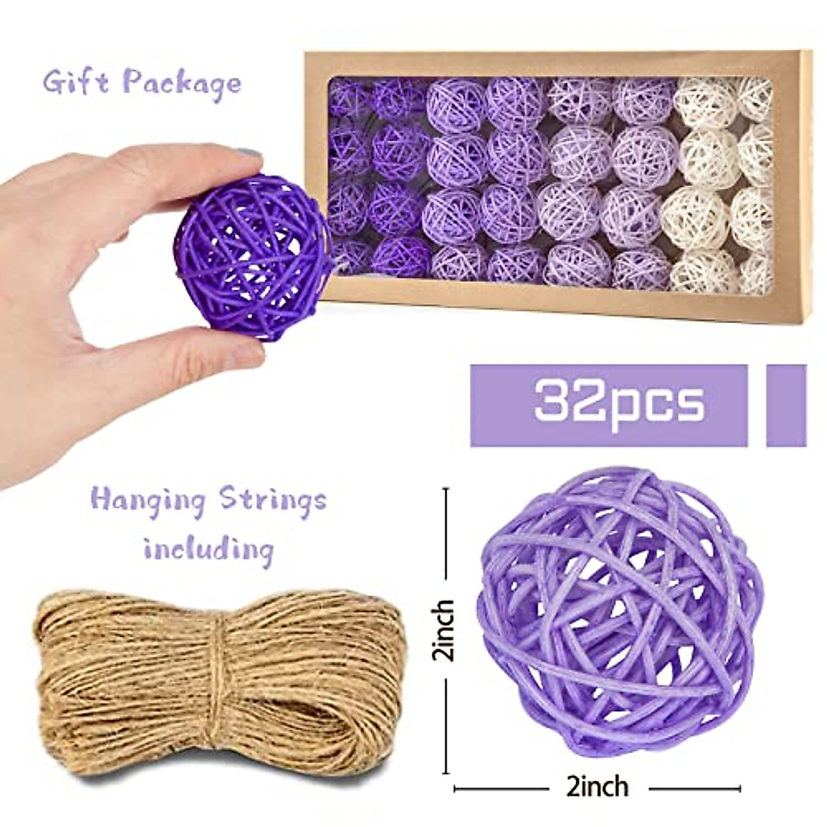 DomeStar Decorative Balls Centerpiece Bowls, 32PCS Purple Rattan Balls Very Peri Wicker Balls 2 Inch Natural Decorative Orbs Vase Fillers