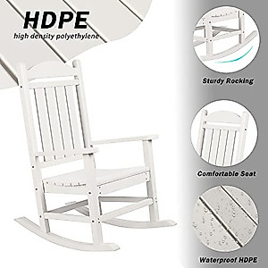 Xilingol Patio Rocking Chair, Poly Lumber Porch Rocker with High Back, 400Lbs Support Rocking Chairs for Outdoor Garden Lawn, White