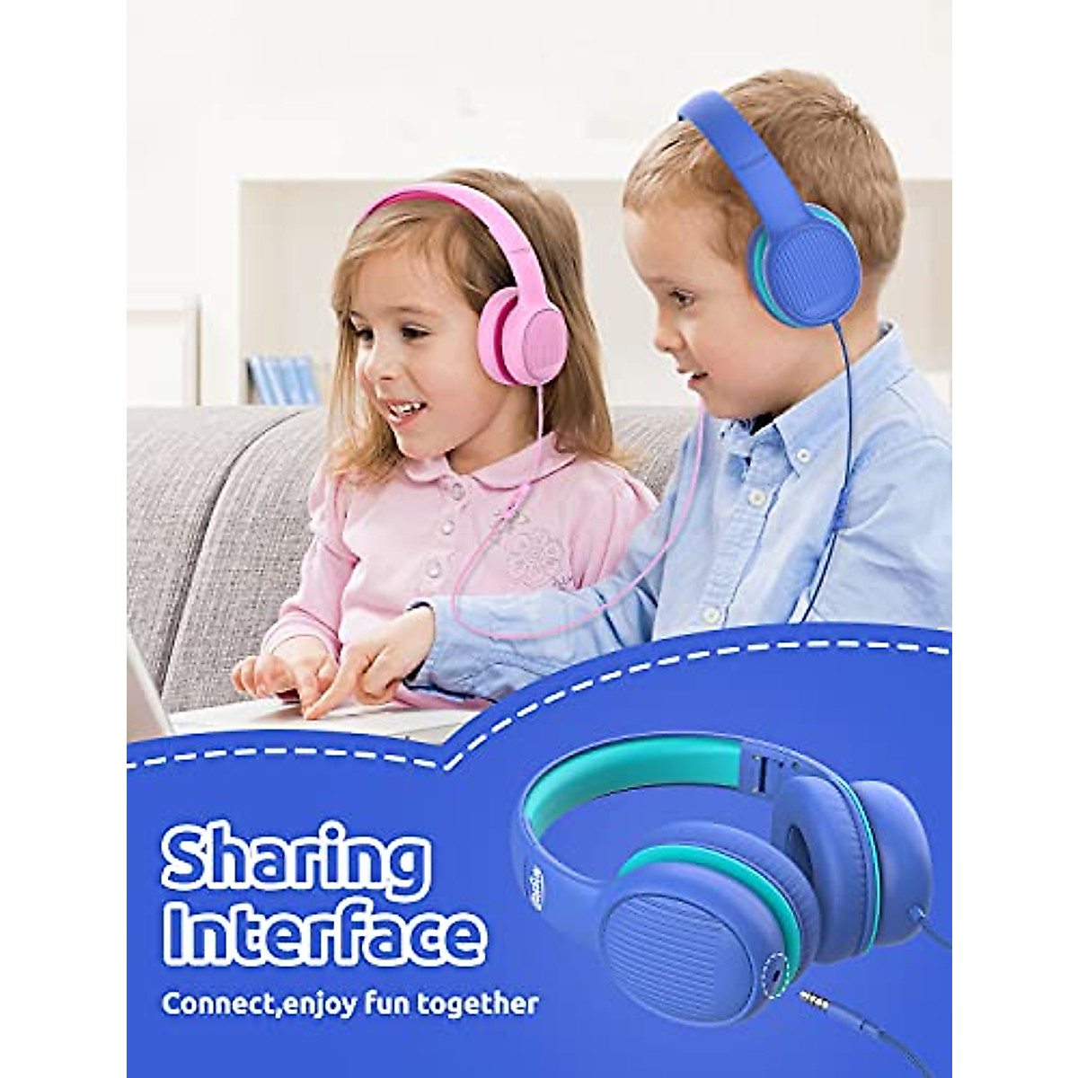 gorsun Premium A66 Kids Headphones with 85dB/94dB Volume Limited, in-line HD Mic, Audio Sharing, Foldable Toddler Headphones, Adjustable, Children Headphones Over-Ear for School Travel, Blue