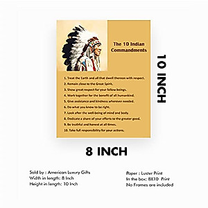 "The 10 Indian Commandments" Vintage Native American Wall Art -8 x 10" Motivational Spiritual Print w/Indian Chief Image-Ready to Frame. Inspirational Home-Office-Classroom-Library Decor. Great Gift!