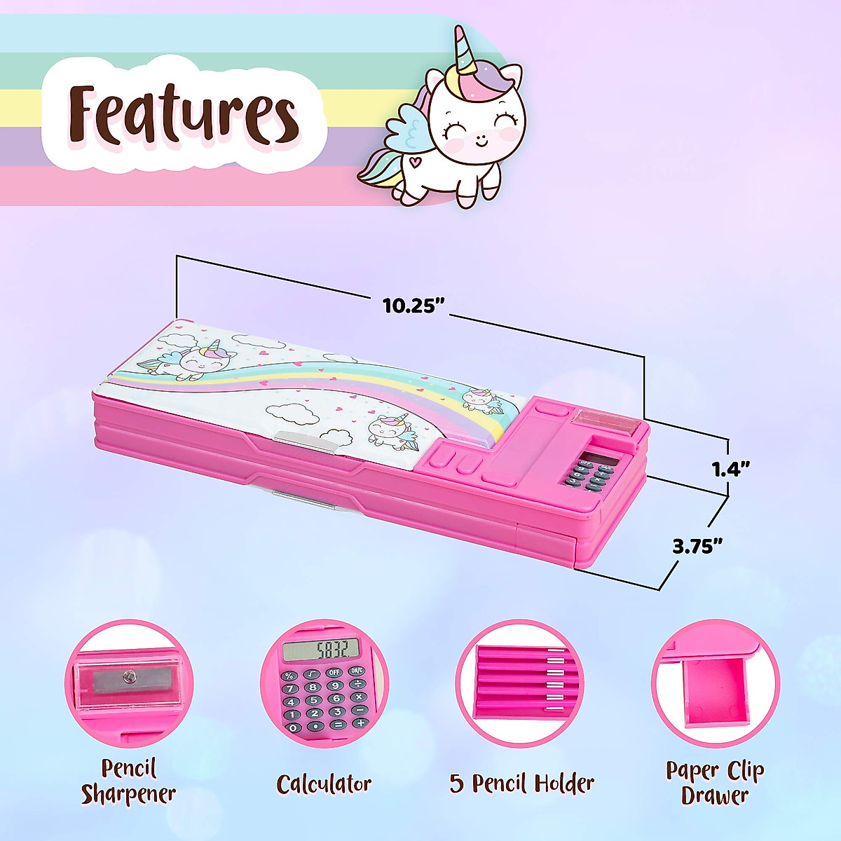 Pop Up Unicorn Pencil Case for Kids, Multifunction Stationery Organizer Box with Calculator, Sharpener, and Pencils, Cute School Supplies, Best Birthday Present for Girls and Teens in Gift Box