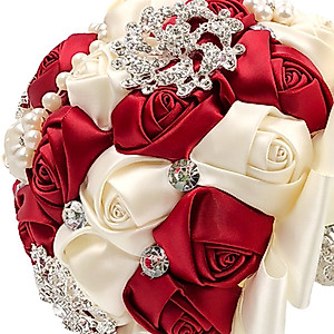 Abbie Home 8 Inches Bride Wedding Bouquet in Burgundy - White Satin Roses with Pearls Rhinestone Brooches Accessories (Burgundy&White)
