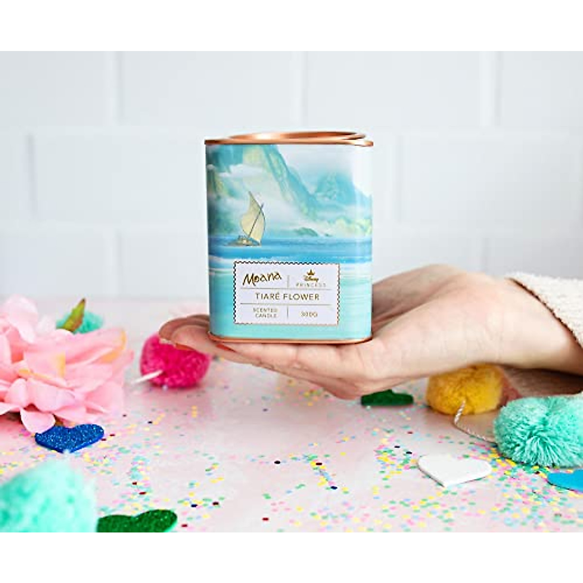 Ukonic Disney Princess Home Collection Moana 11-Ounce Scented Tea Tin Candle with Tiare Flower Aromatic Fragrance | 28-Hour Burn Time | Home Decor Housewarming Essentials, and Collectibles