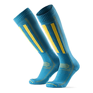 DANISH ENURANCE Merino Wool Performance Ski Socks for Men, Women & Kids, Blue/Yellow, US Kids 13-3