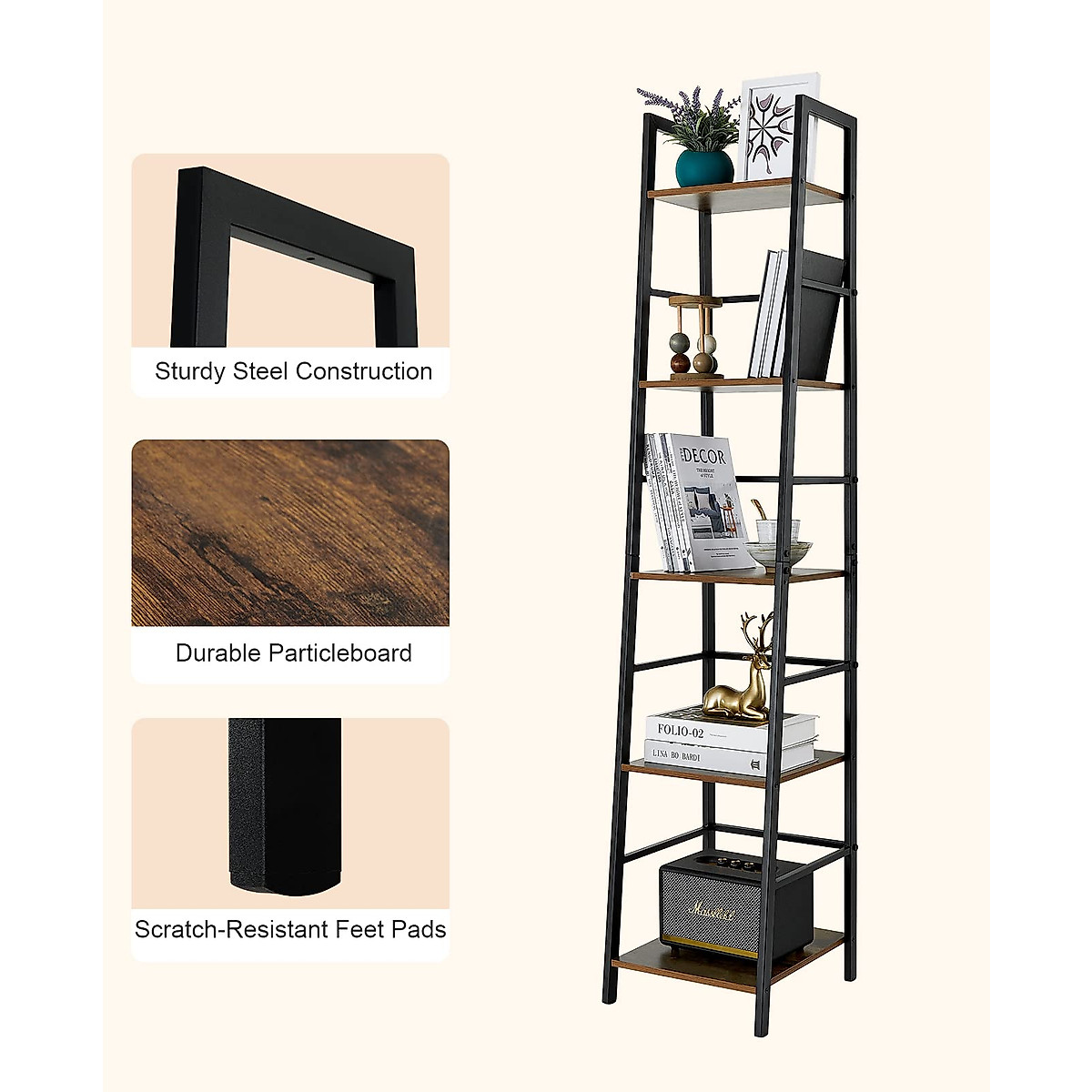 Pshelfy Bookshelf, 5-Tier Narrow Ladder Shelf Bookcase with Metal Frame, Freestanding Corner Rack Shelves for Small Spaces Display Storage Organizer Tall Skinny Shelf for Living Room Kitchen