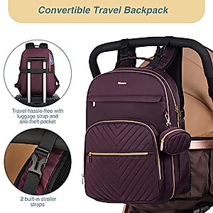 MOMUVO Diaper Bag Backpack, Quilted Baby Bag with Changing Pad & Stroller Straps & Pacifier Case, Large Travel Diaper Bags for Mom Dad, Dark Purple