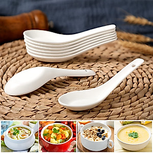 50 Pieces Ceramic Soup Spoons Bulk Chinese Spoon Sets Ceramic Asian Spoons Ceramic Chinese Spoons Porcelain Ramen Spoons with Long Hooked Handles for Cereal Pho Wonton Miso Appetizer