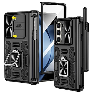 VEGO for Galaxy Z Fold 5 Case with S Pen Holder, [Hinge Protection][360°Ring Magnetic Kickstand][Slide Camera Cover][Front Screen Protector] Protective Case for Samsung Z Fold 5 5G - Midnight Black