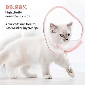 BENCMATE Cat Cone, Drawstrings Cat Cone Collar with Low Noise Fasteners, Transparent Cat Recovery Collar, Licking and Scratching Free Cone, Extra Soft Cat Surgery Collar (Pink,Small)