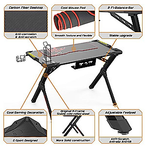 DESIGNA Gaming Desk with LED Lights, 44.8 inch Home Office Computer Desk with Free Mouse Pad, Ergonomic E-Sport Style Gamer Desk with USB Handle Rack, Cup Holder & Headphone Hook,Black