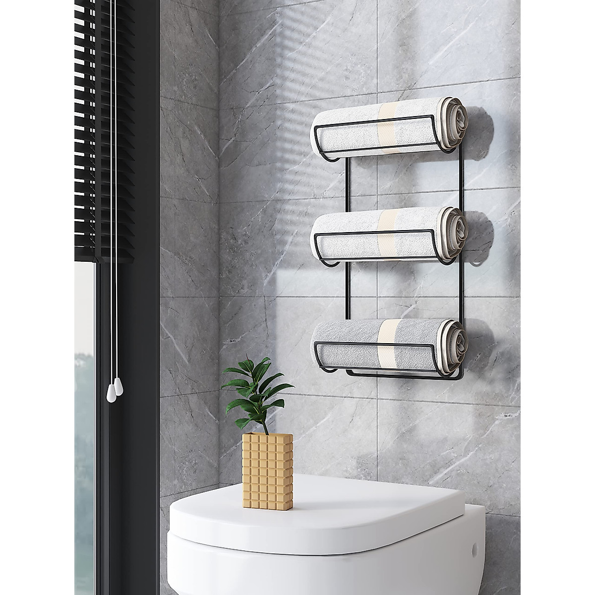 Towel Rack Wall Mounted Metal Wine Rack Washcloths Bathrobe Storage Shelf Organizer Hand Towels Holder for Bathroom Cloakroom - Black