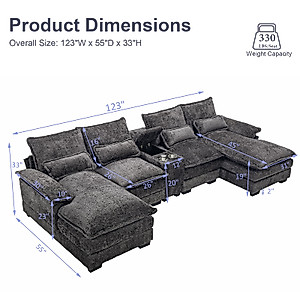 KIVENJAJA 123” Modular Sectional Couch with Console, Cup Holders and USB Ports, Modern U-Shaped Cloud Sofa w/Double Chaise & Deep Seat for Living Room, Chenille, Grey