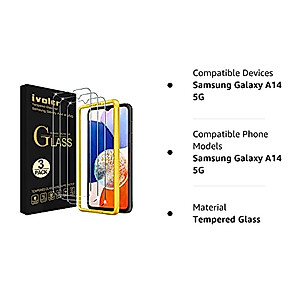 ivoler 3 Pack Screen Protector Tempered Glass for Samsung Galaxy A14 5G / 4G with [Easy Installation Frame] 9H Hardness Anti Scratch, Bubble Free, 6.6 inch