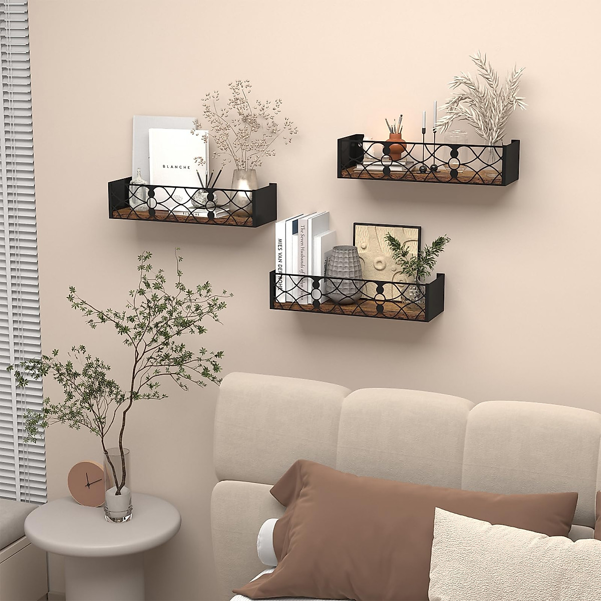 Serwrsw Black Floating Shelves with Removable Insert Plate Set of 3, Wooden Display Shelves, Rustic Decorative Wall Shelves for Living Room, Bedroom, Kitchen