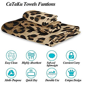 CaTaKu Towels Set 3-Piece Leopard Towel Bathroom Sets 1 Bath Towel 1 Washcloth 1Hand Towel Animal Print Towel Set of 3 Soft Multifuntion for Home Kitchen Hotel Gym Swim Spa.
