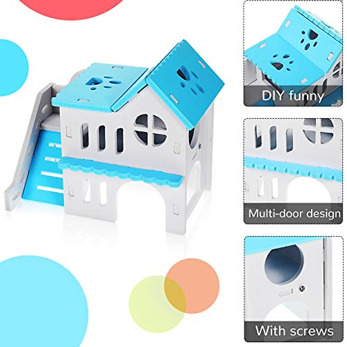 5 Pieces Hamster Toys Include Wooden Hamster House Guinea Pig Hideout Rainbow Bridge Hamster Seesaw Hamster Swing Hamster Exercise Circle Toy Suitable for Small Animals (Blue,6.3 x 3.93 x 5.5 Inch)