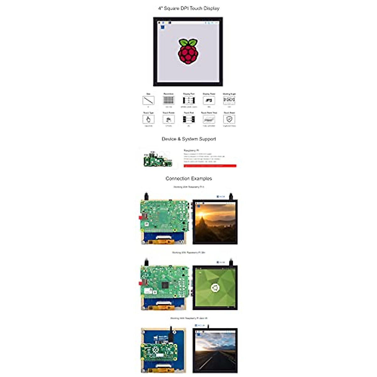 Iunius 4inch Square Capacitive Touch Screen LCD (C),for Raspberry Pi, 720×720, DPI, IPS, Toughened Glass Cover, Display DPI666 262K Colors,Low Power