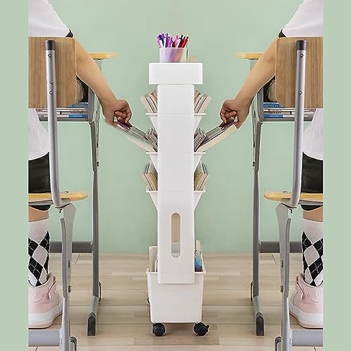 Lalaunicky 5 Tier Rolling Book Cart,Mobile Bookshelf with Wheels，Paper Cart and Rolling Homeschool Cart for Schools, Libraries, Offices, Homes, Children's Rooms (Green)