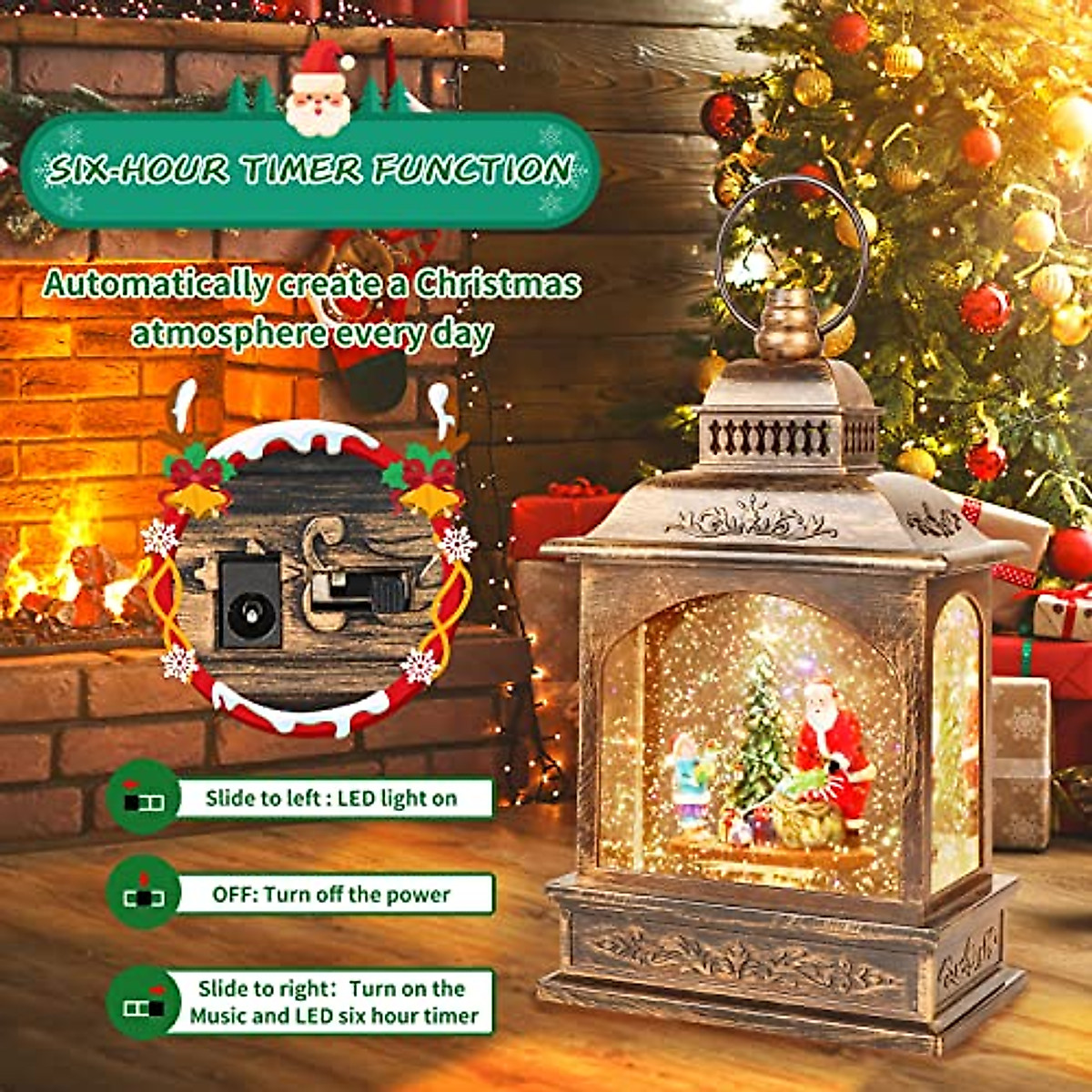 Christmas Snow Globe, Musical Snow Globe Lights with 6 Hour Timer and 39In USB Batteries Powered, Retro Style Holiday Glitter Globe for Xmas Home Decoration and Santa Gifts