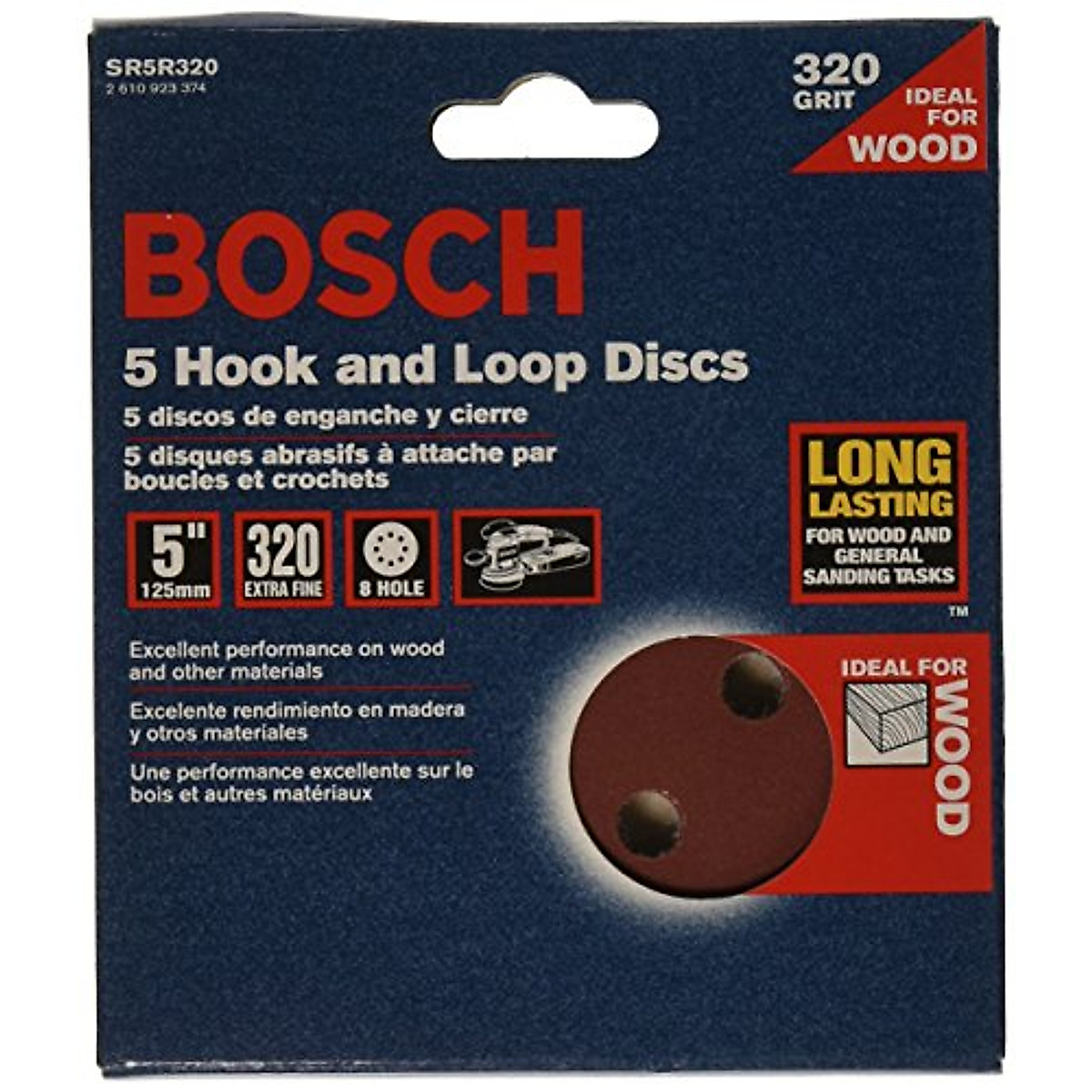 BOSCH SR5R320 5-Piece 320 Grit 5 In. 8 Hole Hook-And-Loop Sanding Discs