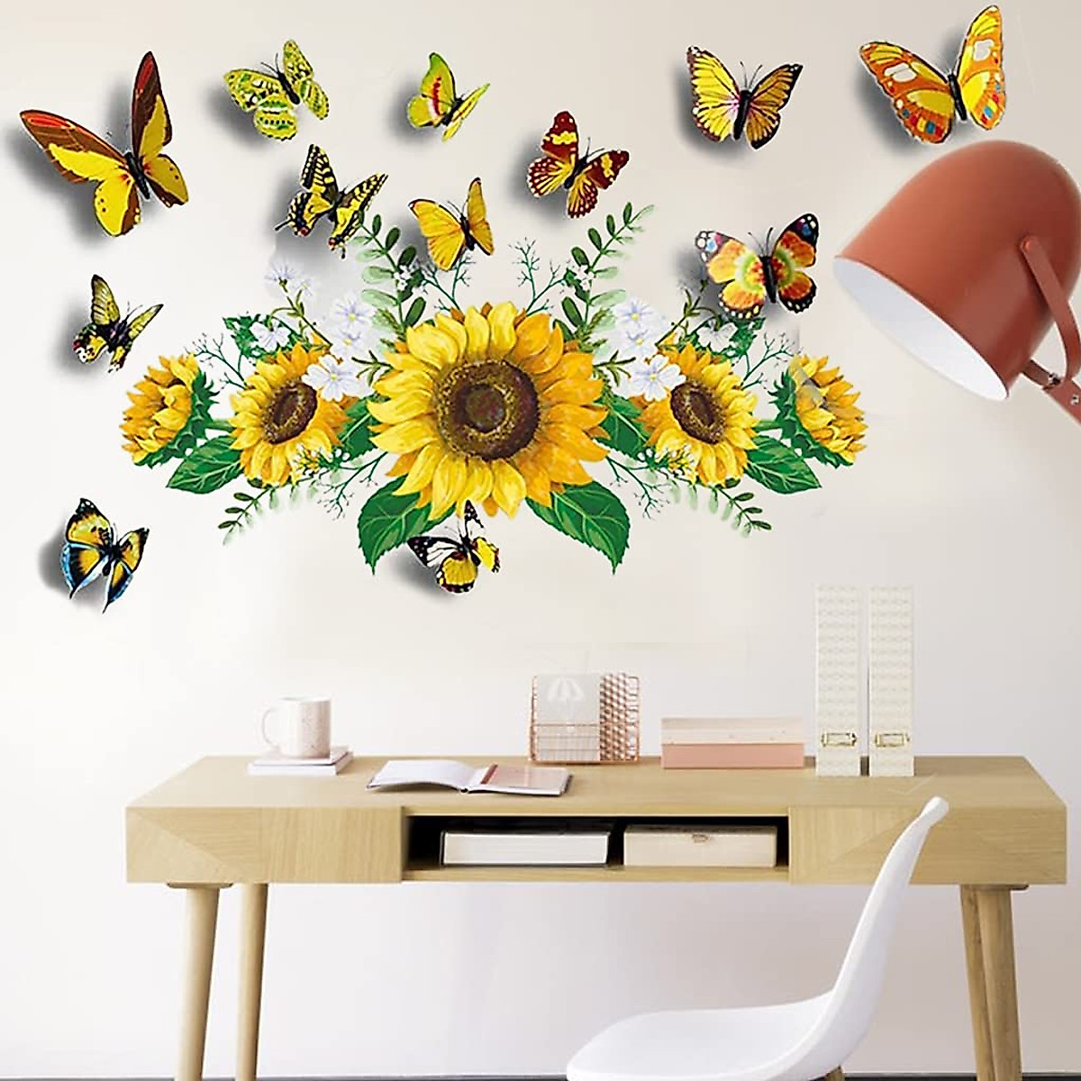 Sunflower Wall Stickers with 3D Butterfly Wall Sticker, Yellow Flowers Wall Decal,SPRT Waterproof and Removable, Sunflower Wall Stickers,Wall Stickers for Bedroom Living Room Bathroom Decor