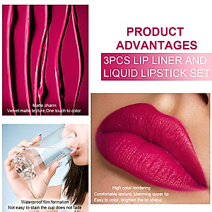 evpct 3Pcs Black Red Matte Lip Liner Pencil and Liquid Lipstick Sets for Women Long Lasting Lipstick 24 Hour Waterproof Dark red Purple Rose pink Lip Stick/Gloss Set labiales mate 24 horas originales