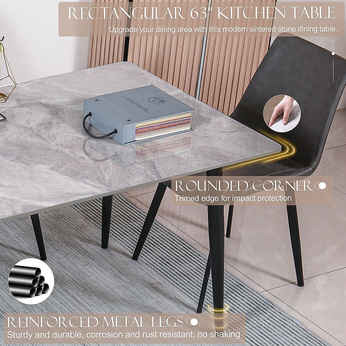 AmoUnico 63 inch Marble Sintered Stone Dining Table, Rectangular Modern Dinner Table for 6-Seat with Metal Legs, Restaurant Table for Living Room (Gloss Grey, Slanted Legs)