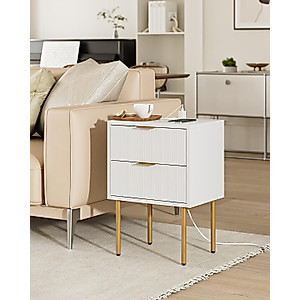 Aienvey Nightstand with Charging Station,Small Side Table with 2 Drawers, Bedside Furniture, White Night Stand, End Table with Gold Frame for Bedroom, Living Room, Stripe