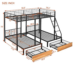 Triple Bunk Bed Metal Full Over Two Twin Beds with Storage Drawers and Shelf Detachable 3 Bed Bunk Bed Frame with Ladder for Kids Boys Girls Teens, Can Bed Divided into Three Separate Beds, Black
