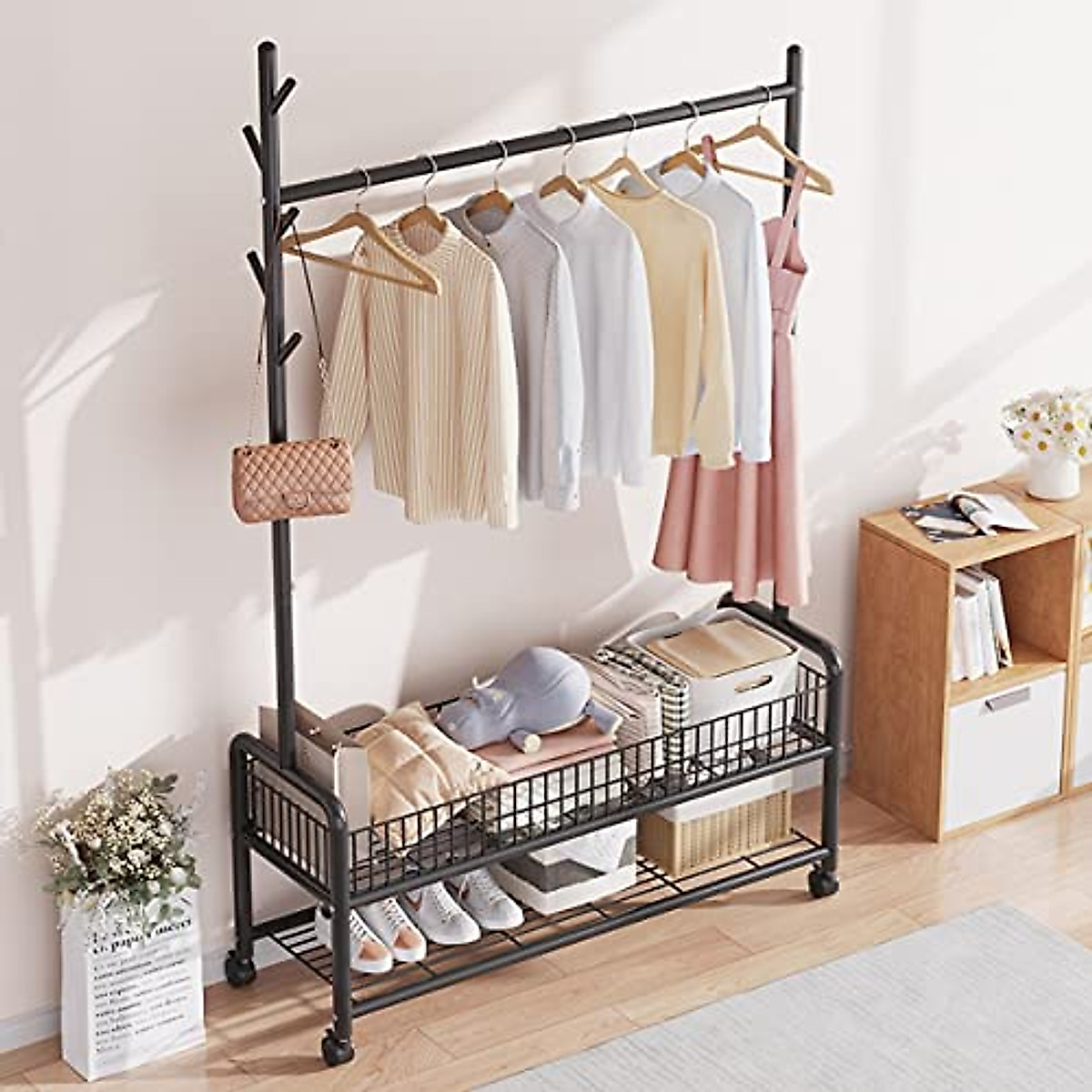 OTBK Rolling Metal Coat Rack Two Shelves Clothing Hooks Garment Rack Organizer with Wheels Bottom Shelves for Clothes Hats Bags (Color : Black)