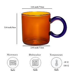 AryaElla 10oz Glass Coffee Mug, Amber Clear Cup with Handle for Hot/Cold Coffee Tea Beverage, Wide Mouth Mug Perfect for Mocha Espresso Latte Tea Milk Juice, Lead-Free Drinking Glassware.