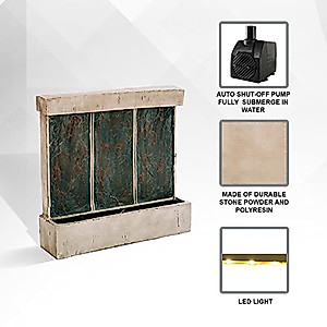 XBrand Polystone Wall Water Fountain with Warm Light and Splash Guard, Indoor Outdoor Wall-Mounted Fountain, Relaxing Décor for Home Patio Garden Backyard, 29.5 Inch Wide, Natural Stone and Green