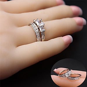 MABELLA Sterling Silver Ring for Women - 3 Stone CZ Princess Cut Engagement Ring - Cute Silver Wedding Ring Bands for Women - Bridal Womens Ring Set - Unique Gift for Her - 2 Pcs - Size 6