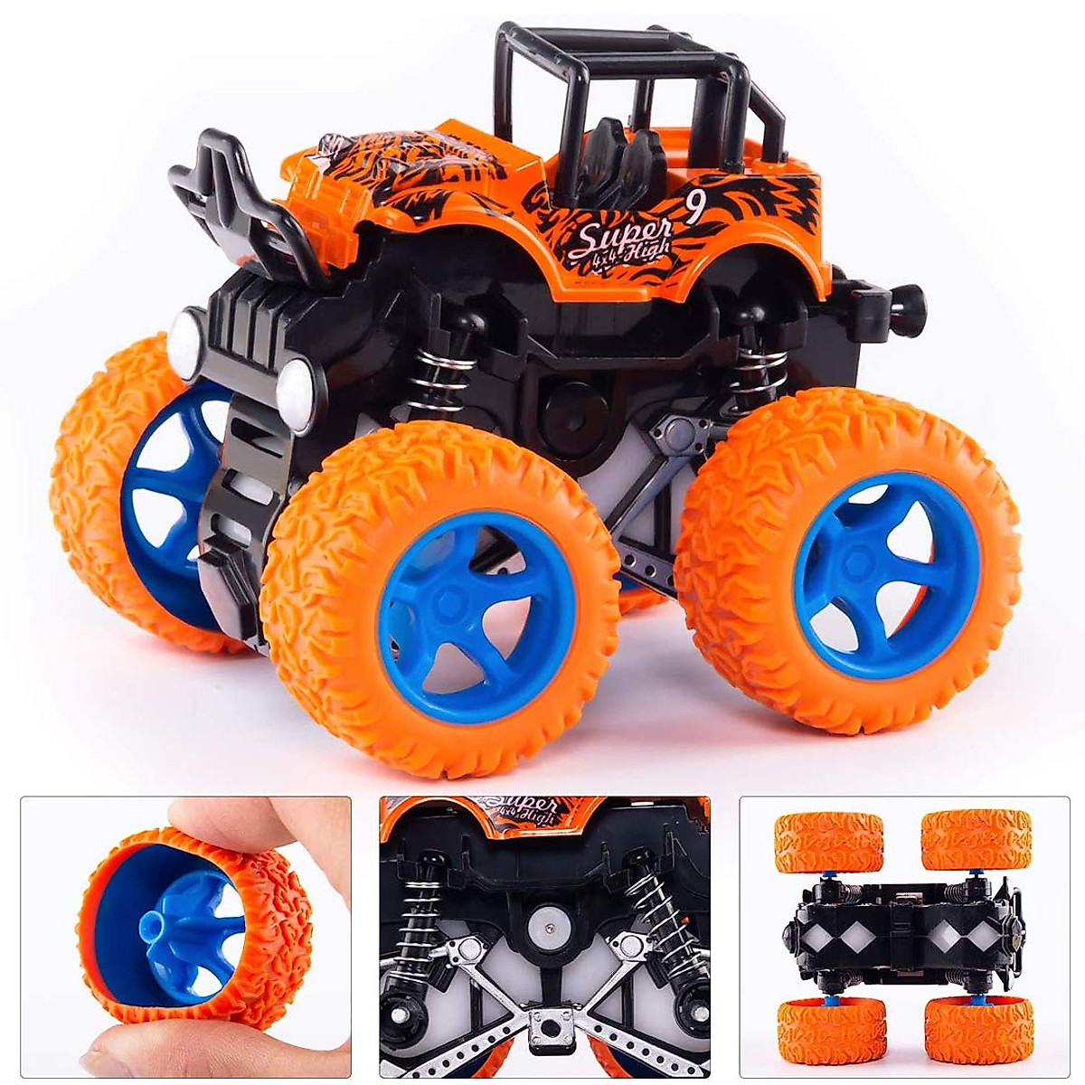 Monster Trucks for Boys, 4 Pack Pull Back Vehicles Cars for Toddlers, 360° Rotation 4 Wheels Drive Durable Friction Cars Powered Push and Go Toys Truck Playset Gift for 3 4 5 6 7 8 Year Old Kids Girls