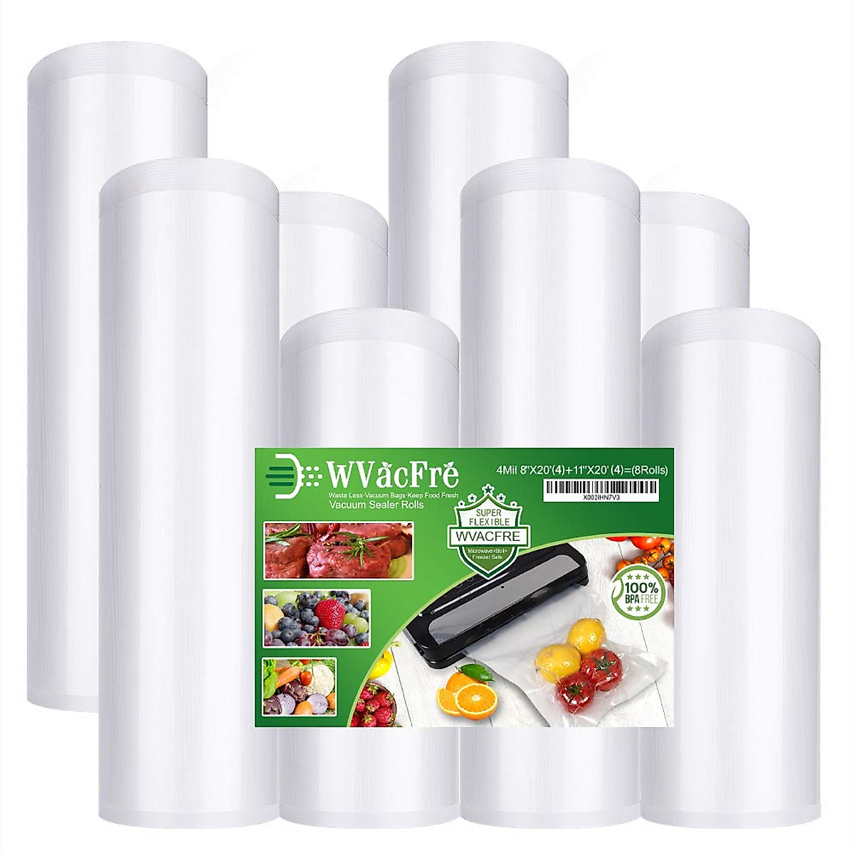 WVacFre 6 Pack 8"x20'(3Rolls) and 11"x20'(3Rolls) Vacuum Sealer Bags Rolls with Commercial Grade,BPA Free,Heavy Duty,Great for Food Vac Storage or Sous Vide Cooking