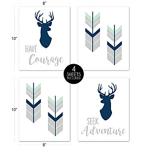 Sweet Jojo Designs Navy Blue, Mint and Grey Woodland Deer Wall Art Prints Room Decor for Baby, Nursery, and Kids for Woodsy Collection - Set of 4 - Seek Adventure Have Courage