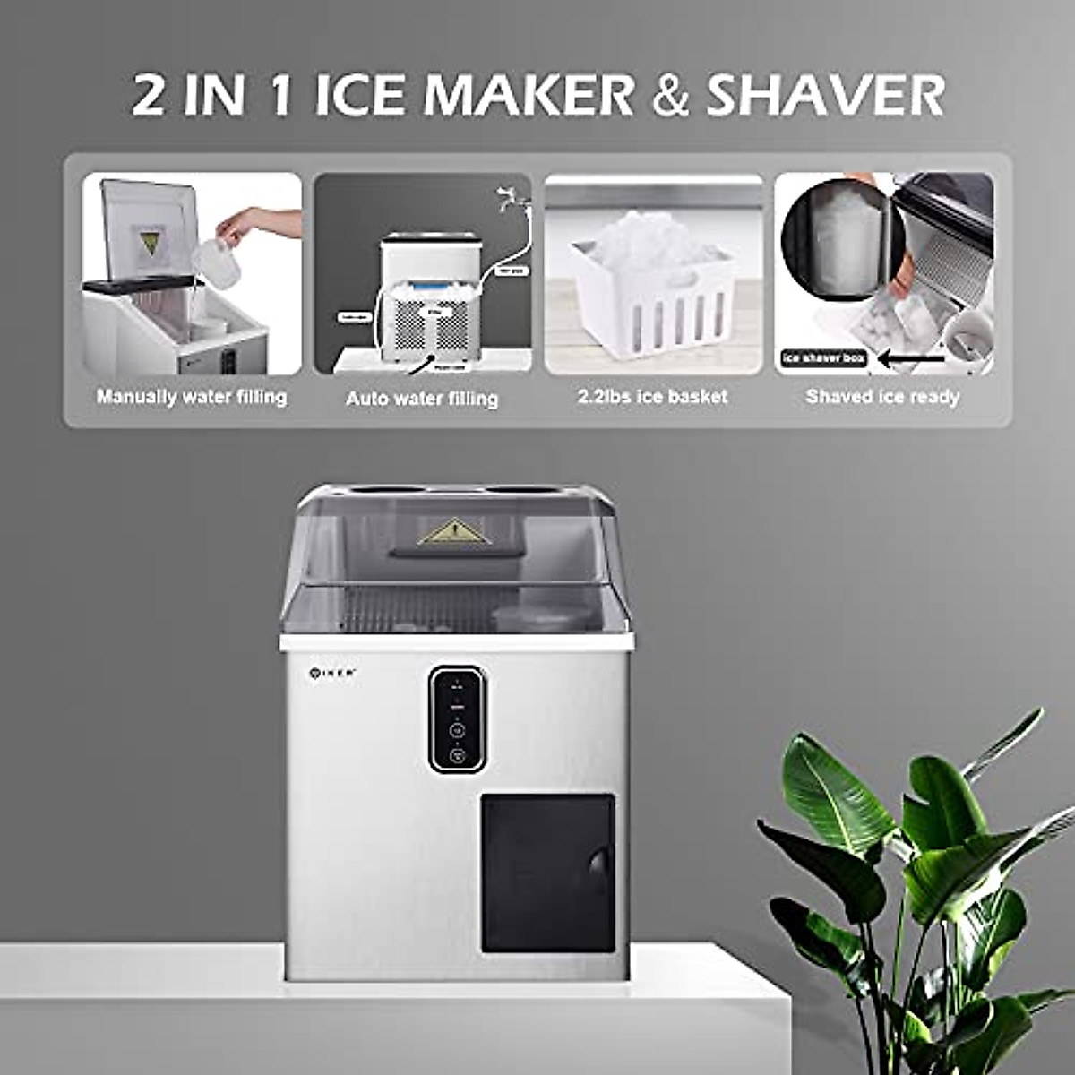 IKER Ice Makers Countertop, 2 in 1 Ice Maker & Shaver Machine-33lbs/24H, 12 Bullet Ice Cubes in 10 Mins, Compact Portable Nugget Ice Maker with Crusher for Home/Kitchen/Office/Bar