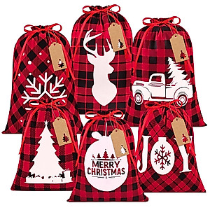 Aneco 6 Packs Christmas Buffalo Plaid Drawstring Bags Red and Black Plaid Gift Bag Cotton Xmas Buffalo Plaid Present Bags with 24 Tags Rope for Christmas Gift Wrapping, Assorted Sizes