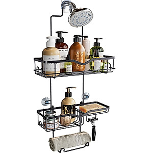AMADA Hanging Shower Caddy, Shower Caddy Over Shower Head, Rustproof Stainless Steel Shower Organizer with Soap Holder & Hooks, Shower Rack for Shampoo, Sponges, Towels, No Drilling Required, Black