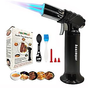 Double flame Butane Torch Without Butane Fuel, Refillable Kitchen Torch Lighter, Cooking Torch with Safety Lock Adjustable Flame, BBQ Baking Tools for Desserts Creme Brulee, diy soldering and camping