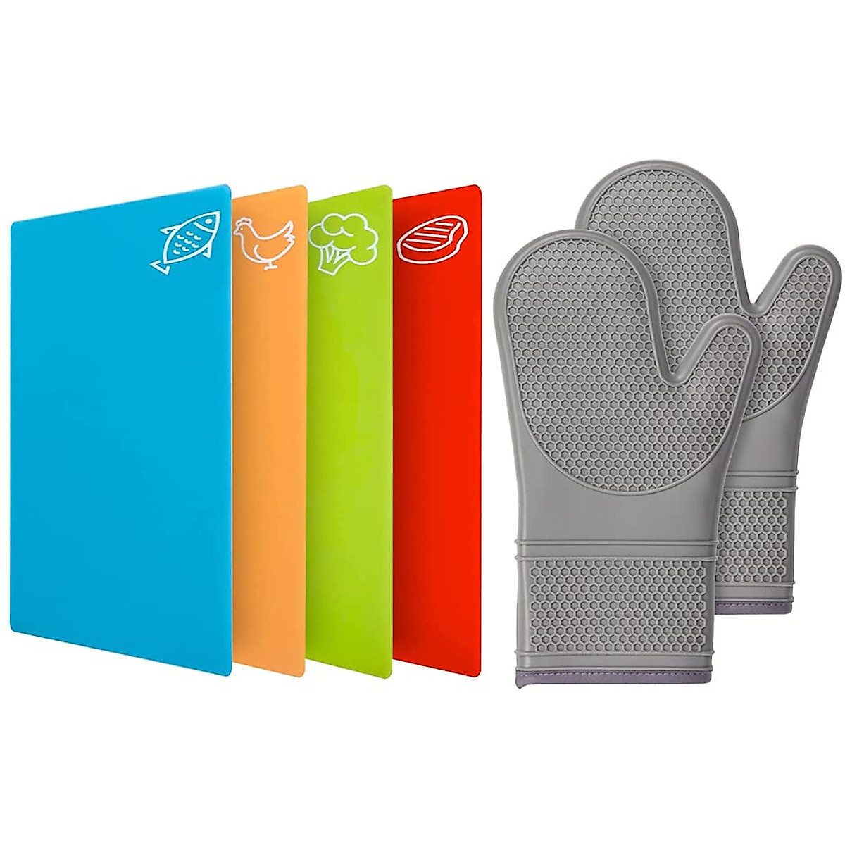 Gorilla Grip Flexible Cutting Boards Set of 4 and Heat and Slip Resistant Silicone Oven Mitts Set of 2, Durable Food Chopping Boards in Multicolor, Waterproof Oven Mitt in Gray Color, 2 Item Bundle
